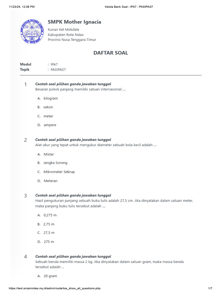 Kelola Bank Soal - Ipa7 - Pasipas7 | PDF