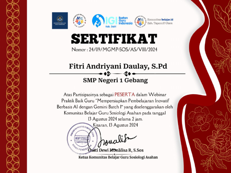Sertifikat - Fitri Andriyani Daulay, S.PD | PDF