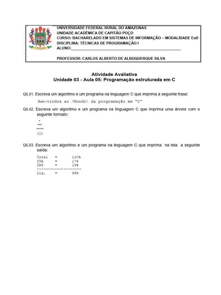 Atividade Avaliativa Aula05 Programacao Estruturada em C | PDF