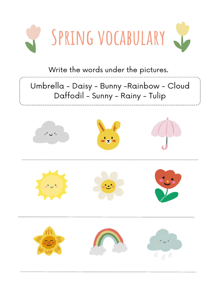 Colorful Cute Spring Vocabulary Worksheet | PDF