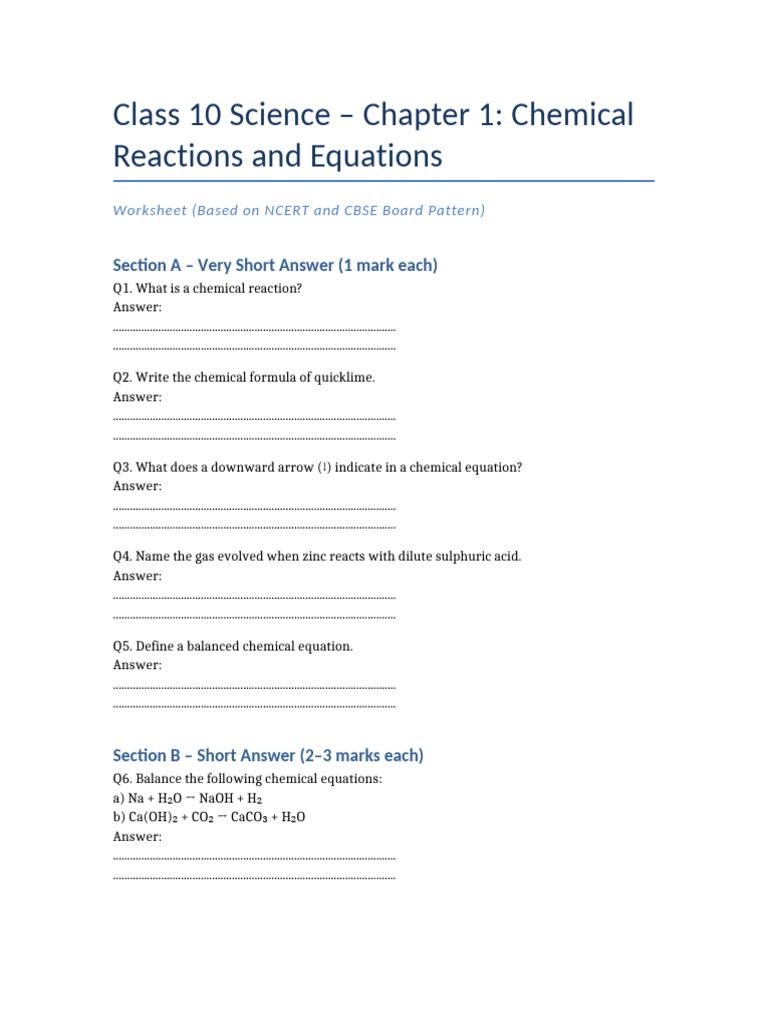 Chemical Reactions and Equations Worksheet | PDF | Chemical Reactions ...