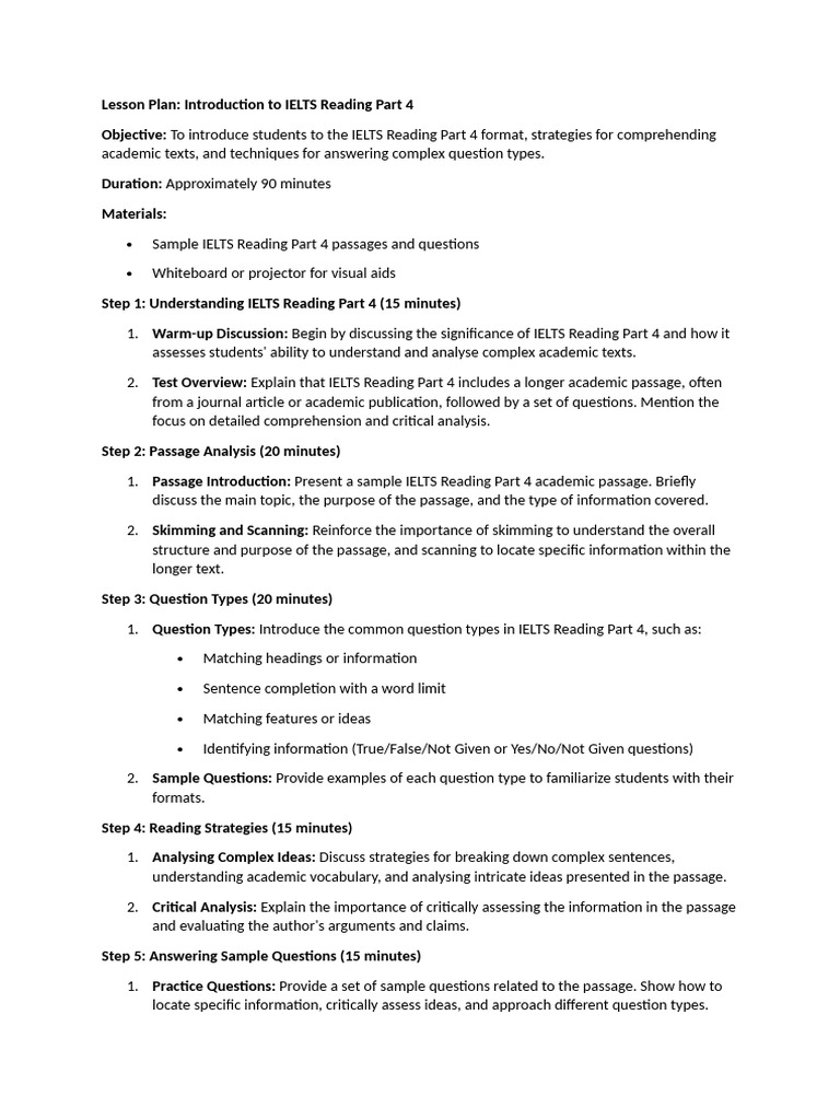 Lesson Plan IELTS Reading 4 | PDF | Speed Reading | Education Theory
