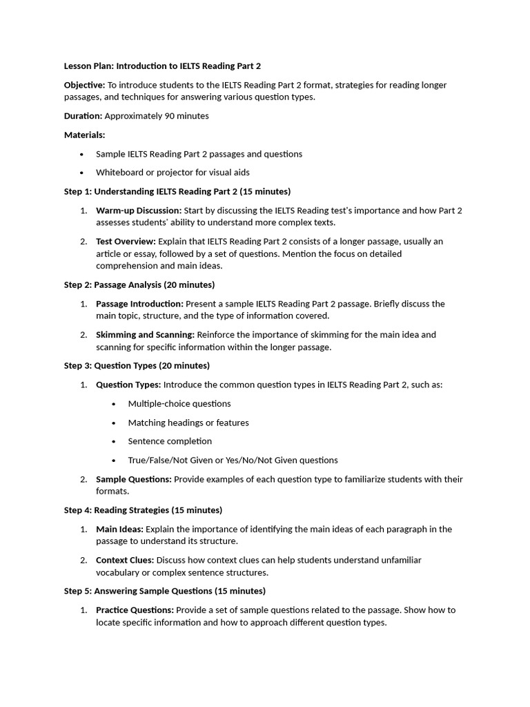 Lesson Plan Intro IELTS Reading 2 | PDF | Speed Reading | Writing