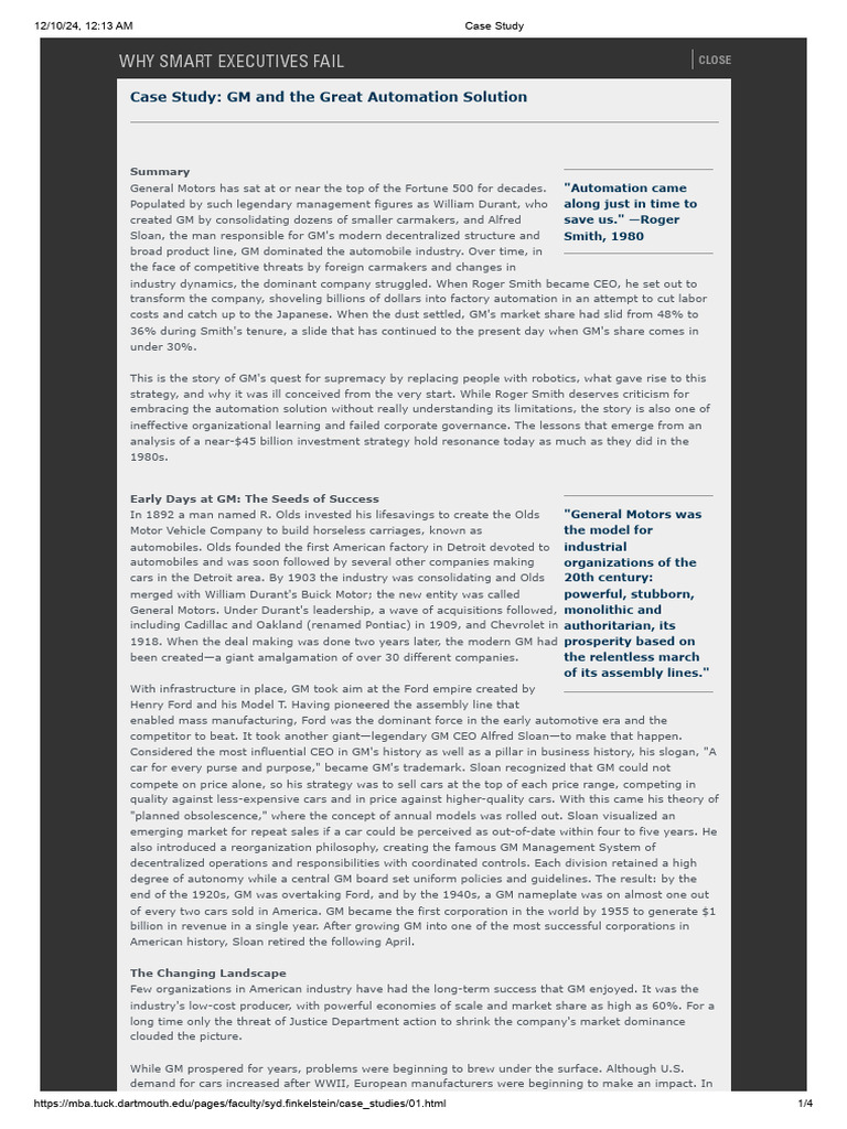 Case Study - GM and The Great Automation Solution | PDF | General Motors | Business