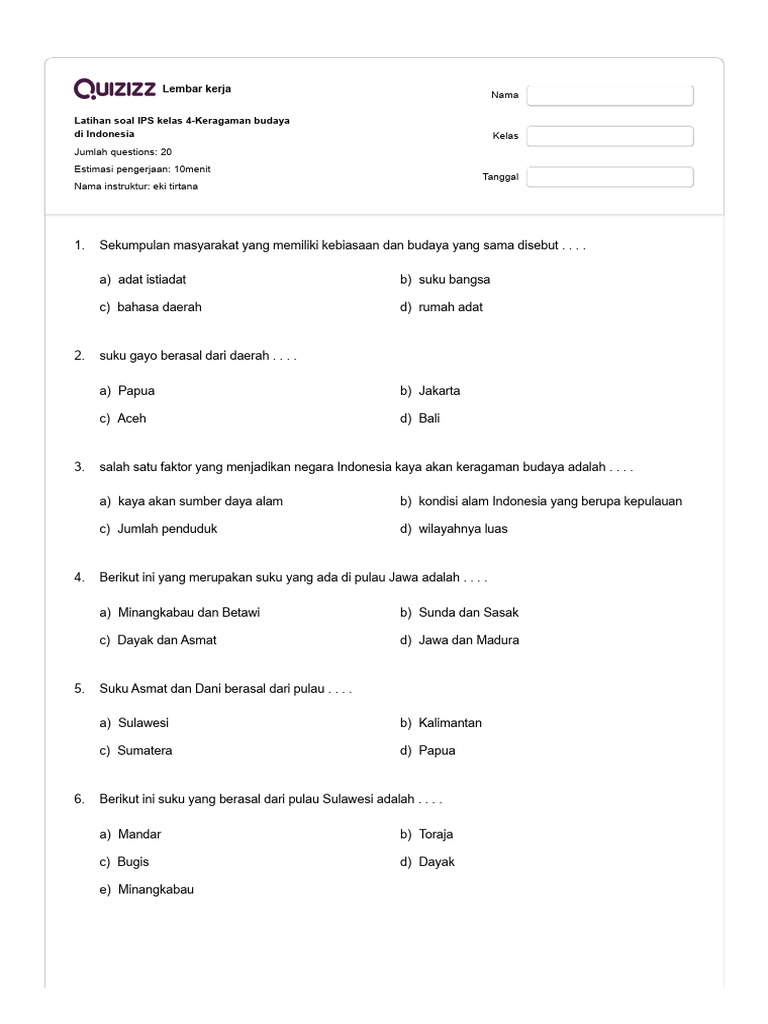 Latihan Soal IPS Kelas 4-Keragaman Budaya Di Indonesia - Quizizz | PDF