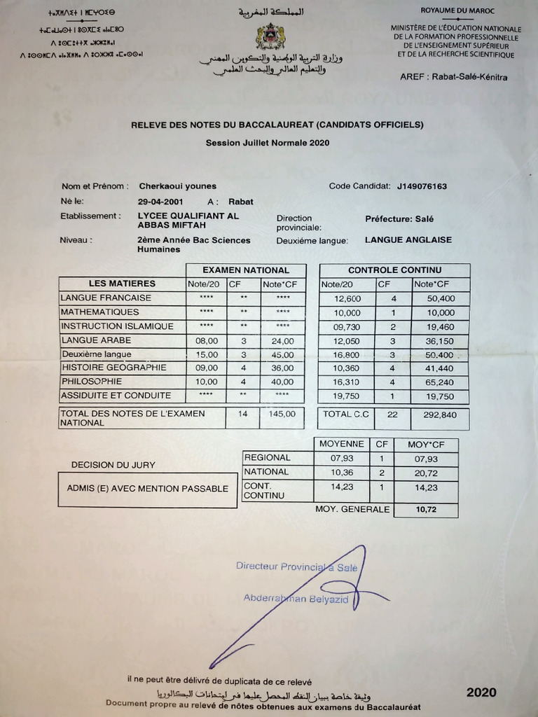 Relevé de notes Bac 2020 Maroc | PDF | Organismes éducatifs ...