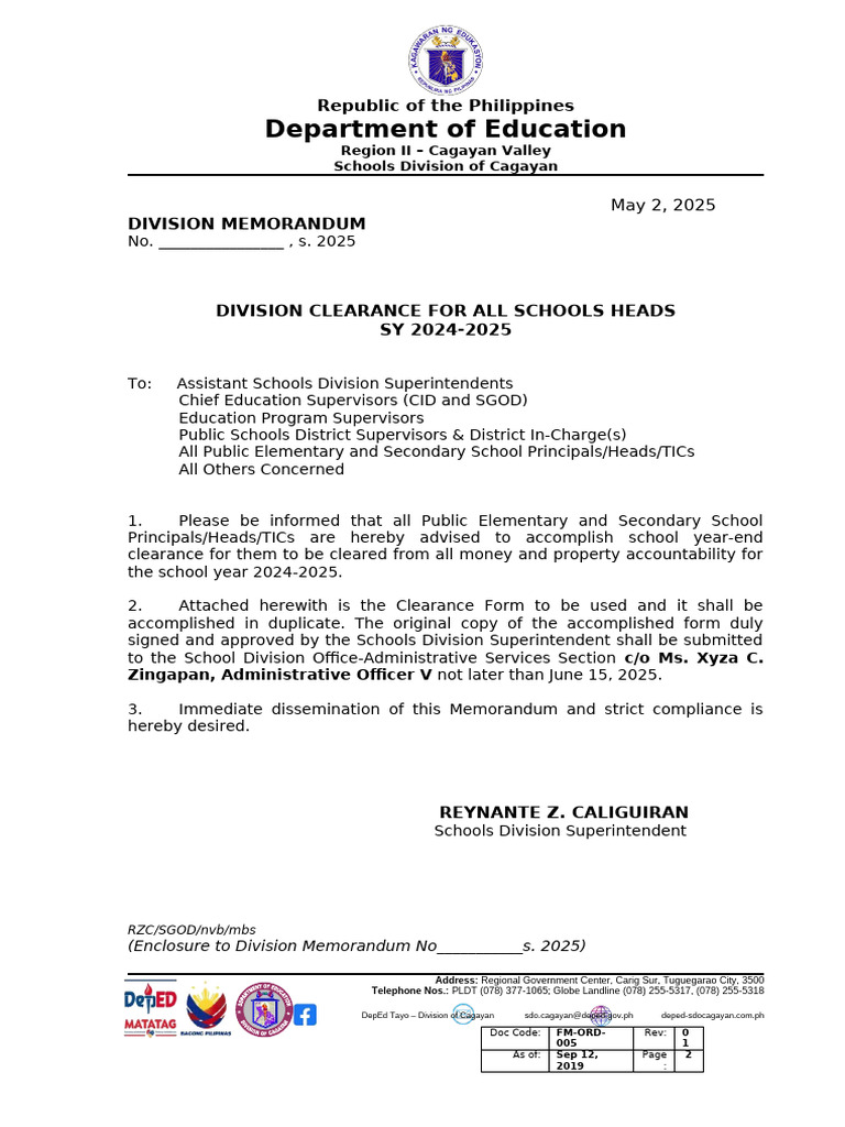 Division Clearance Memo SY 2024-2025 | PDF | Philippines