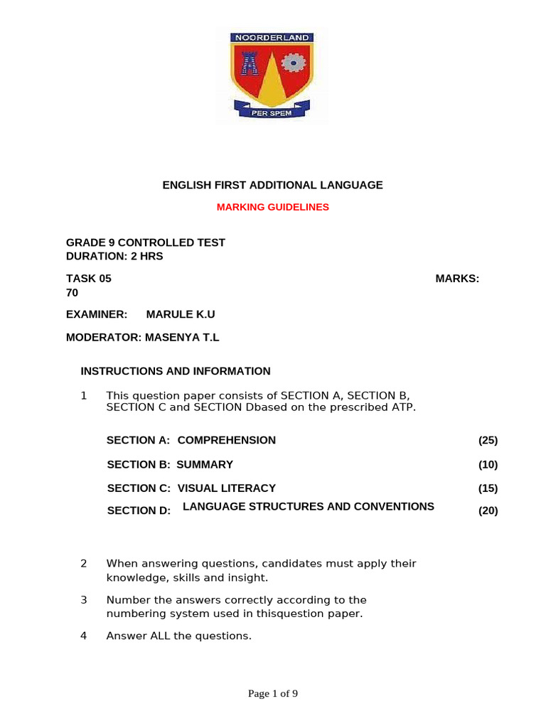 English FAL Controlled Test - Task 5 - Marking Guidelines | PDF ...