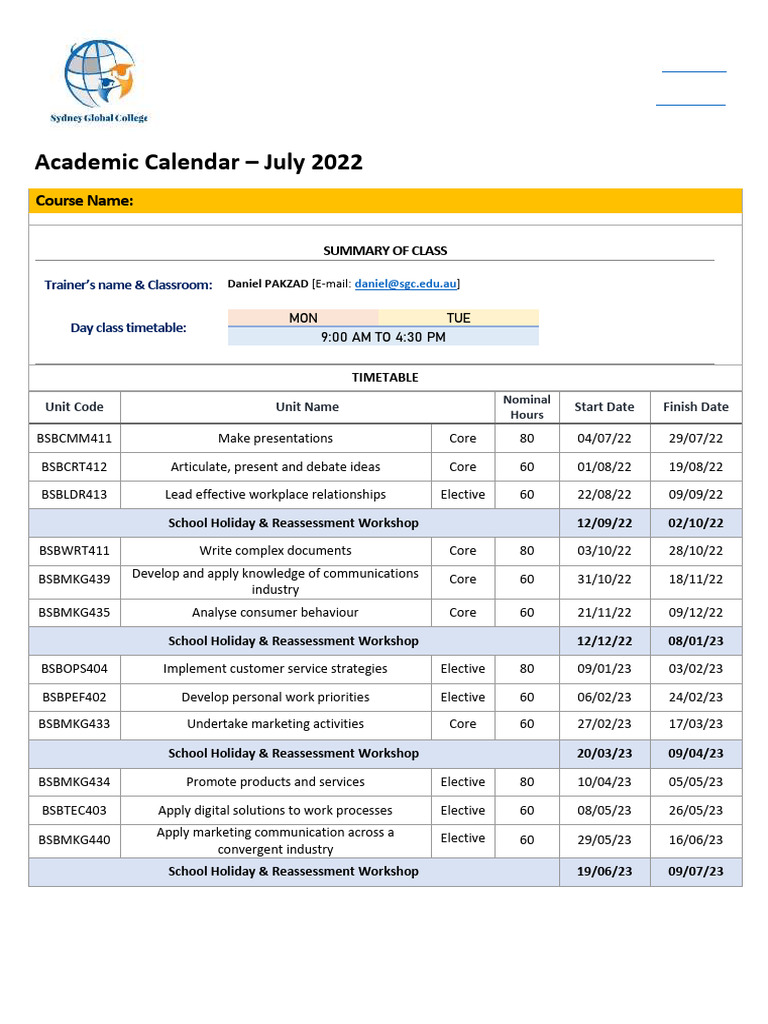 Academic Calendar July 2022 Certificate IV in Marketing and Communication Updated Version | PDF ...