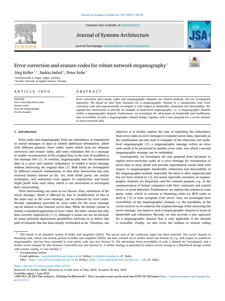 Error Correction and Erasure Codes For Robust Network Steganography | PDF | Error Detection And ...
