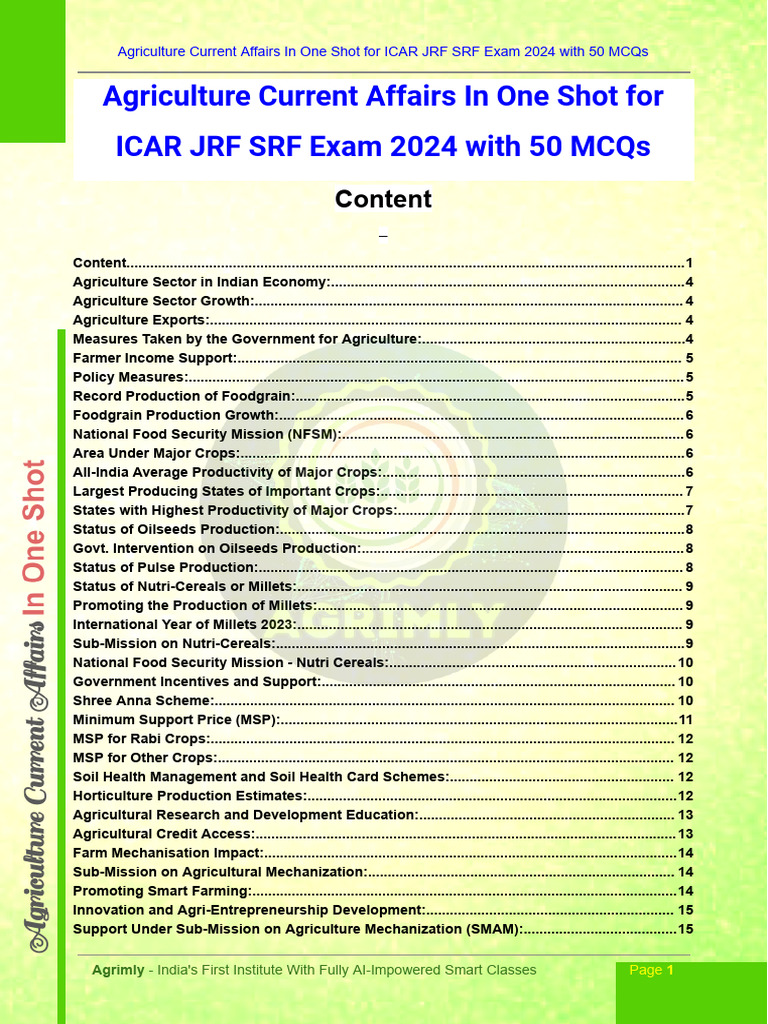 Agriculture Current Affairs for ICAR JRF SRF Exam 2024 With MCQs | PDF | Agriculture | Cereals