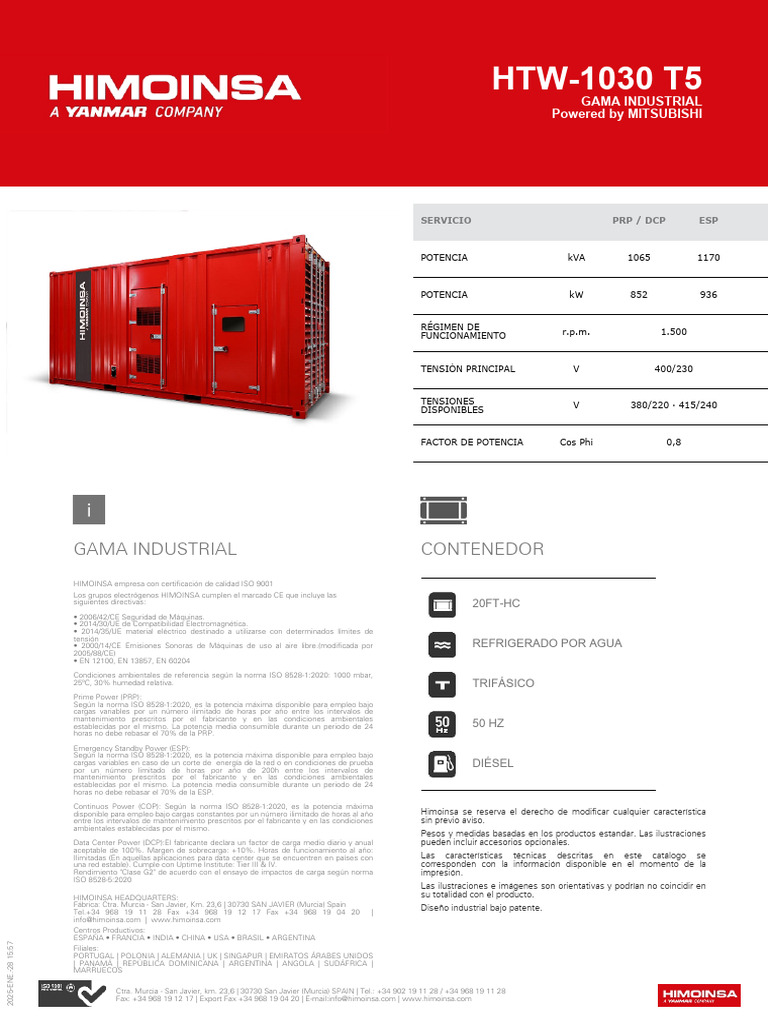 Generator Set Data Sheet Htw 1030 t5 Soundproof 20ft Hc Spanish | PDF ...