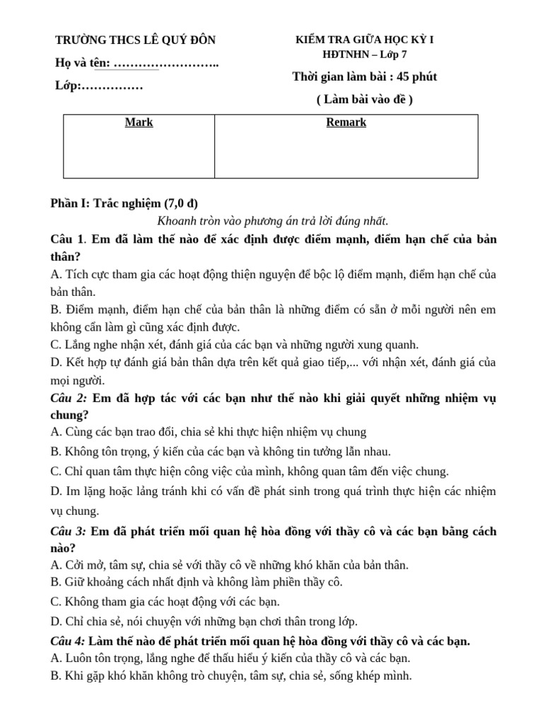 KT Giưa Kì HĐ TNHN 7 | PDF