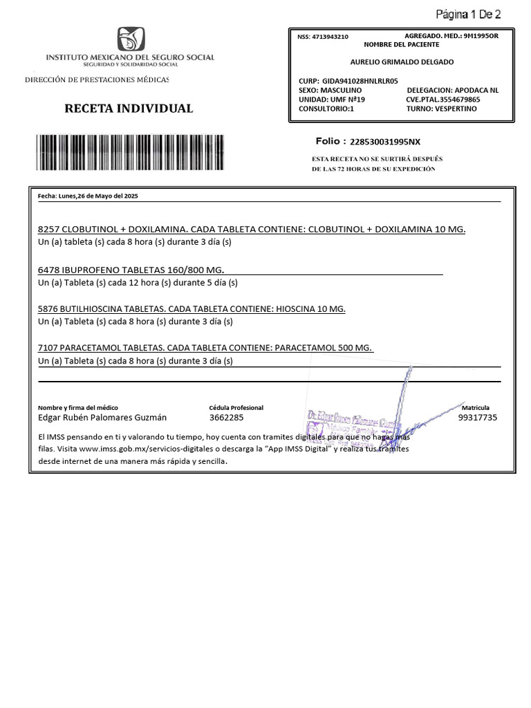 Receta Médica para Aurelio Grimaldo | PDF