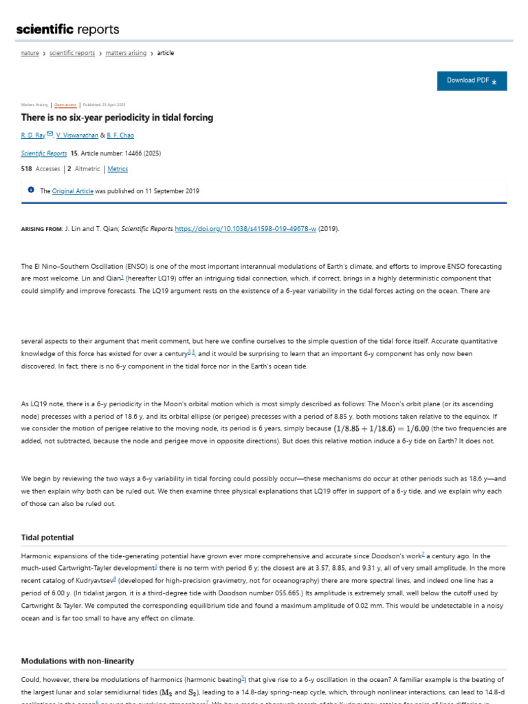 There Is No Six-Year Periodicity in Tidal Forcing - Scientific Reports | PDF | Tide | Moon