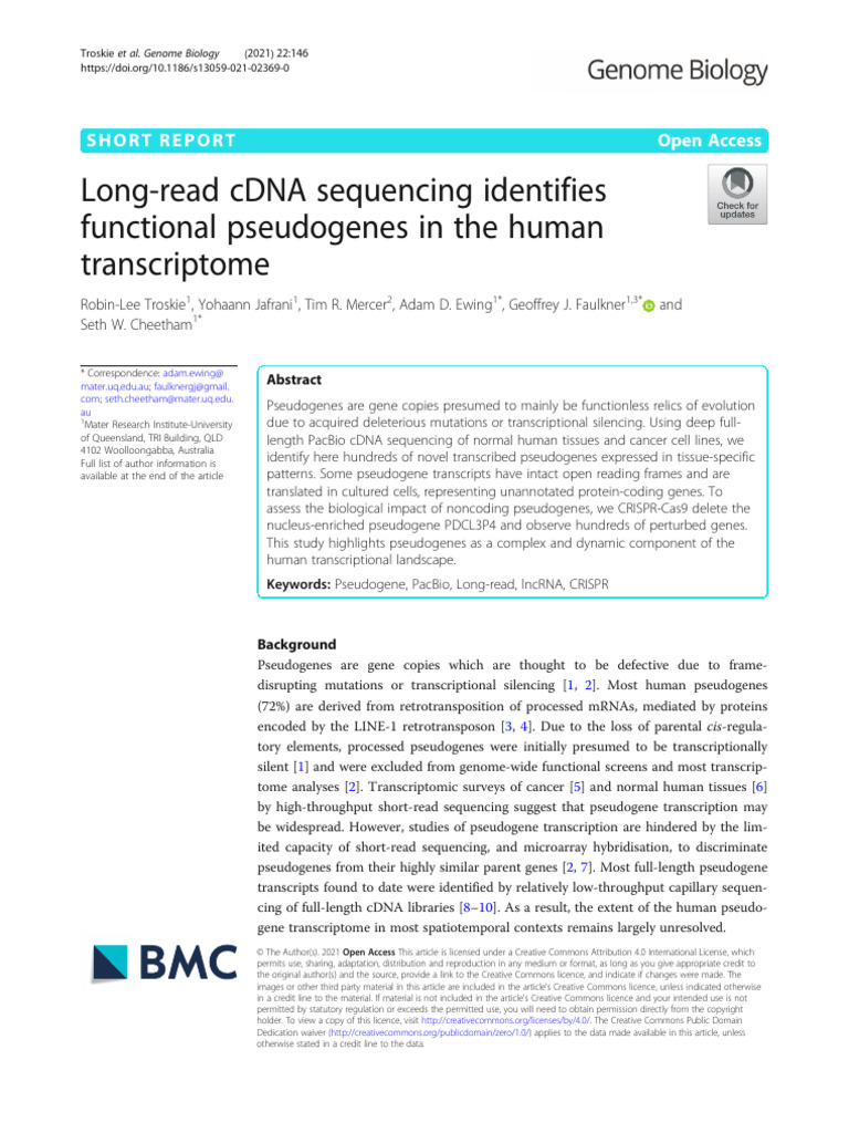 Long-read CDNA Sequencing Identifies Functional Pseudogenes in the Human Transcriptome | PDF ...