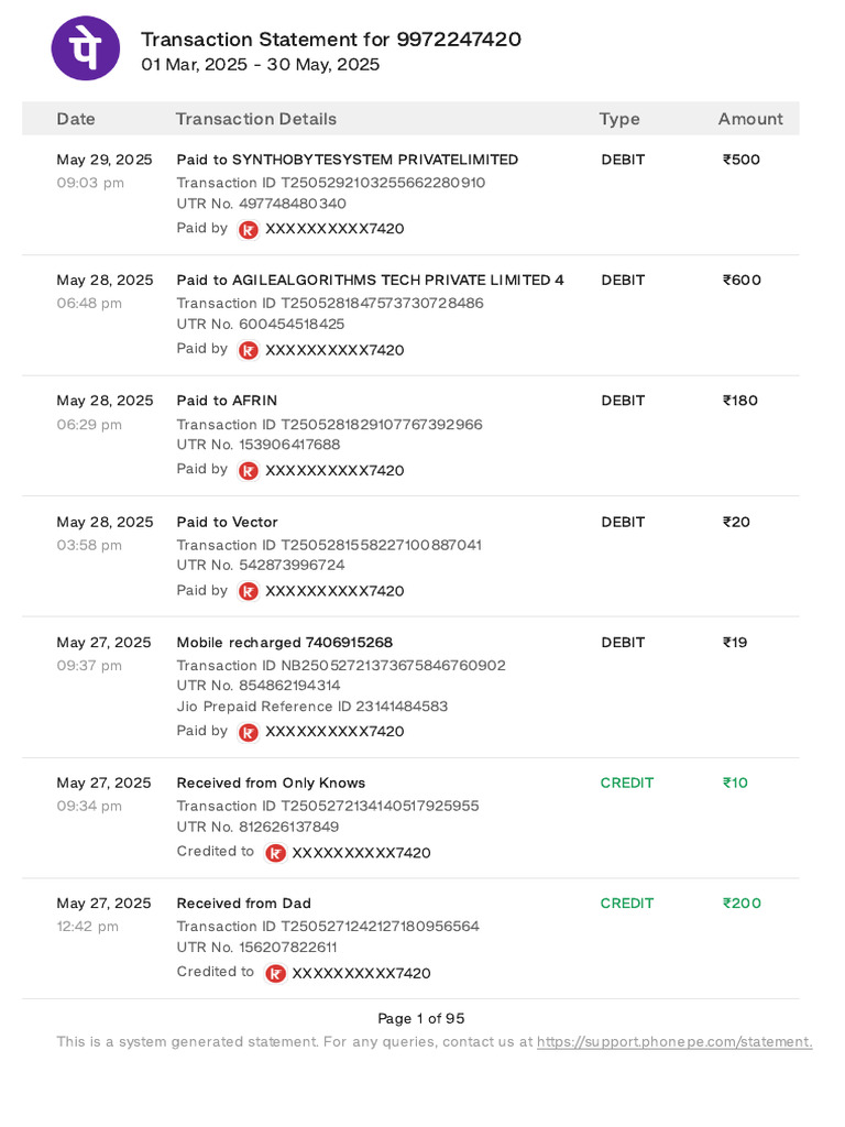 PhonePe Statement Mar2025 May2025 | PDF | Debit Card | Debits And Credits