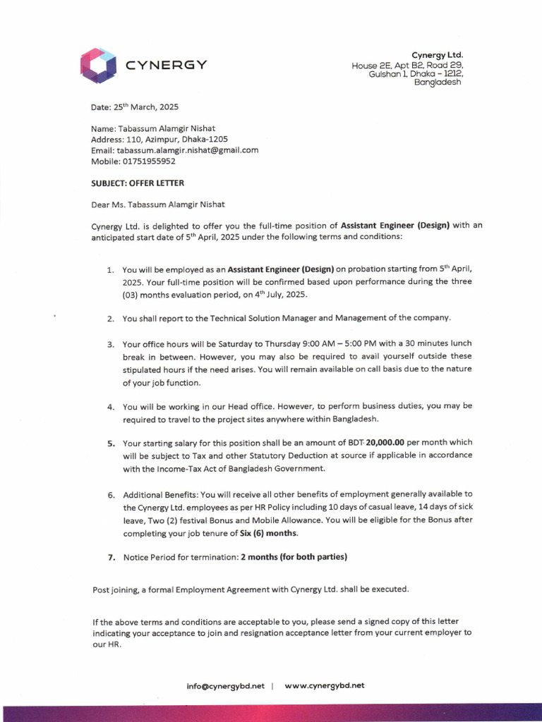 Offer Letter - Tabassum Alamgir Nishat | PDF