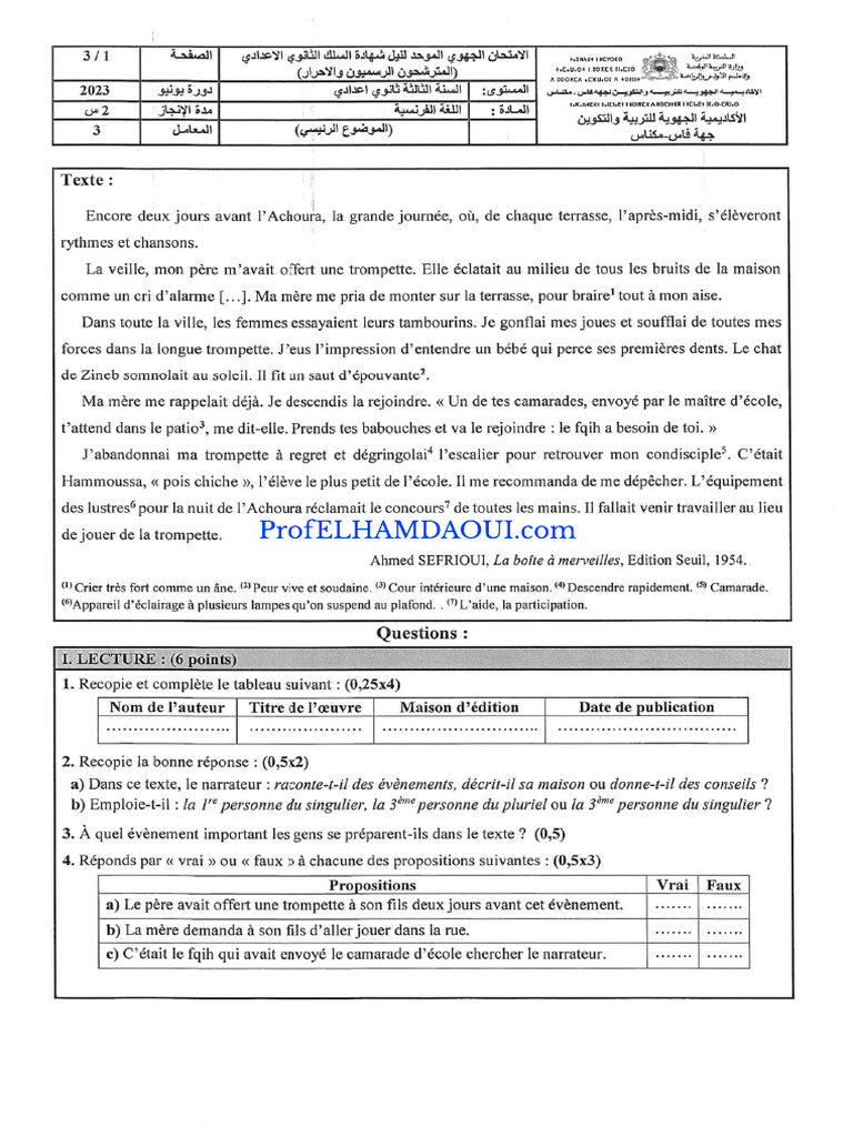 Examen Regional 3APIC La Langue Francaise FES 2023 | PDF