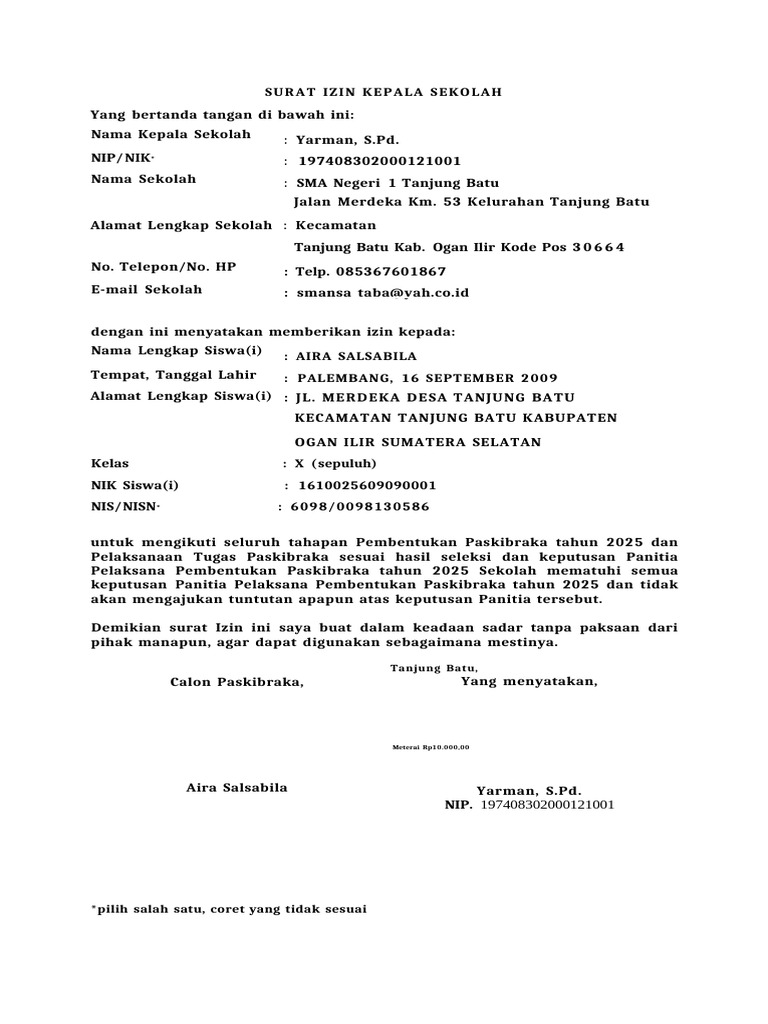 Surat Izin Kepsek Aira Salsabila | PDF