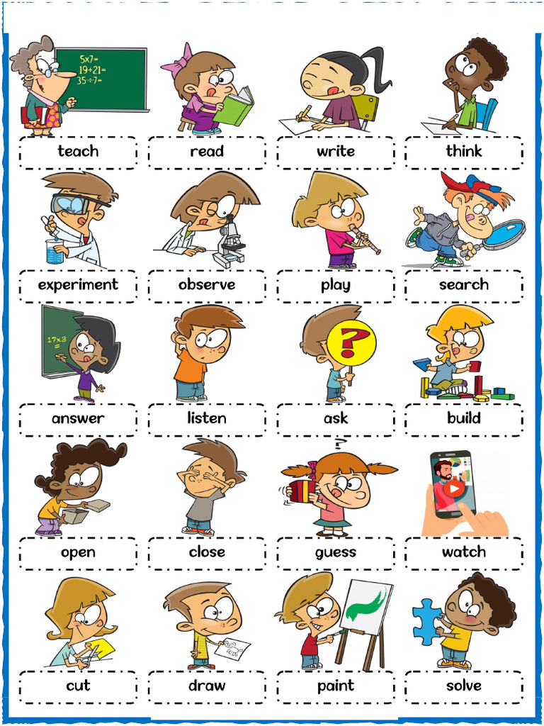 Classroom Verbs Vocabulary Esl Picture Dictionary Worksheet For Kids | PDF