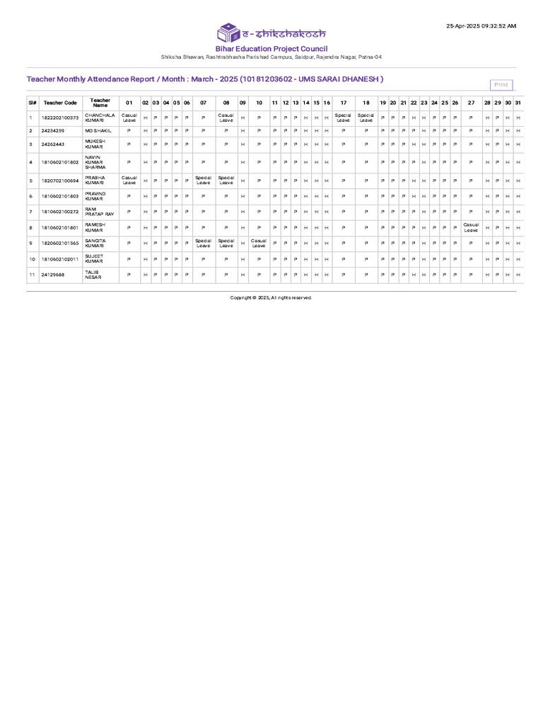 Teacher Monthly Attendance Report - Month - March - 2025 (10181203602 ...