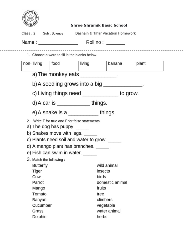 Class 2 Science Homework' | PDF | Zoology | Organisms