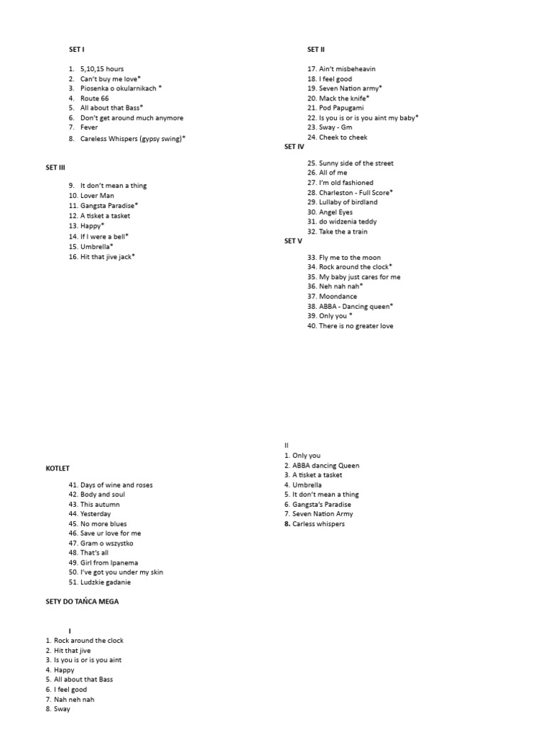 Przykladowe Sety Restauracyjne | PDF | American Popular Music | Popular Music