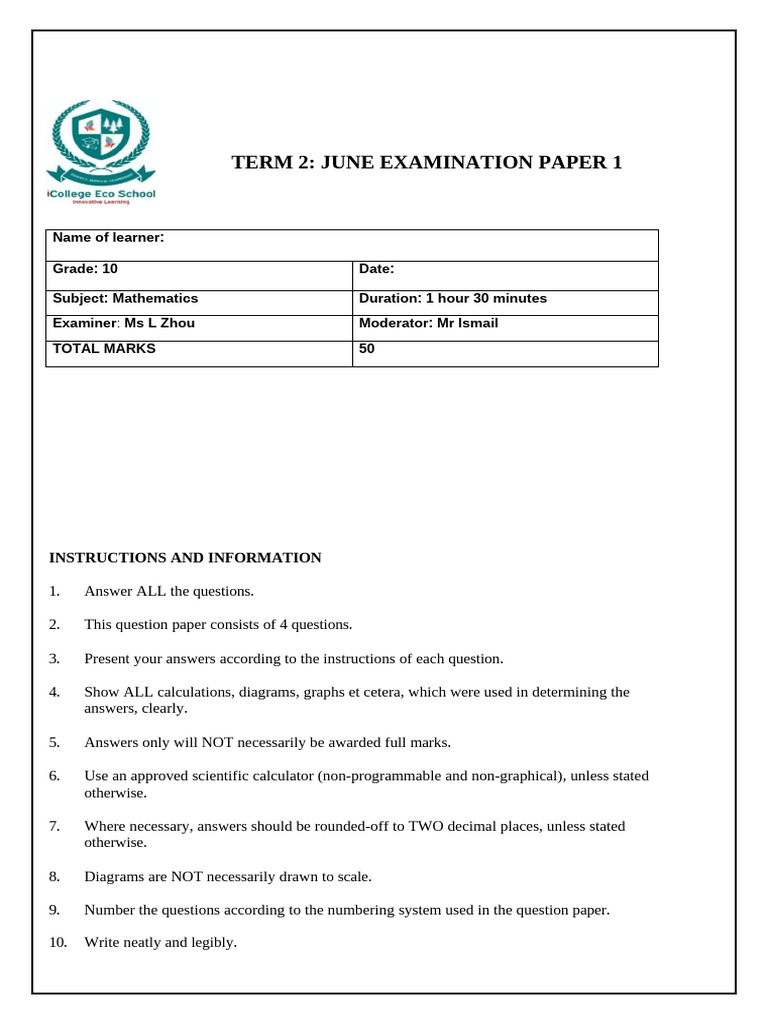 Grade 10 June Exam Paper 1 | PDF | Elementary Mathematics ...