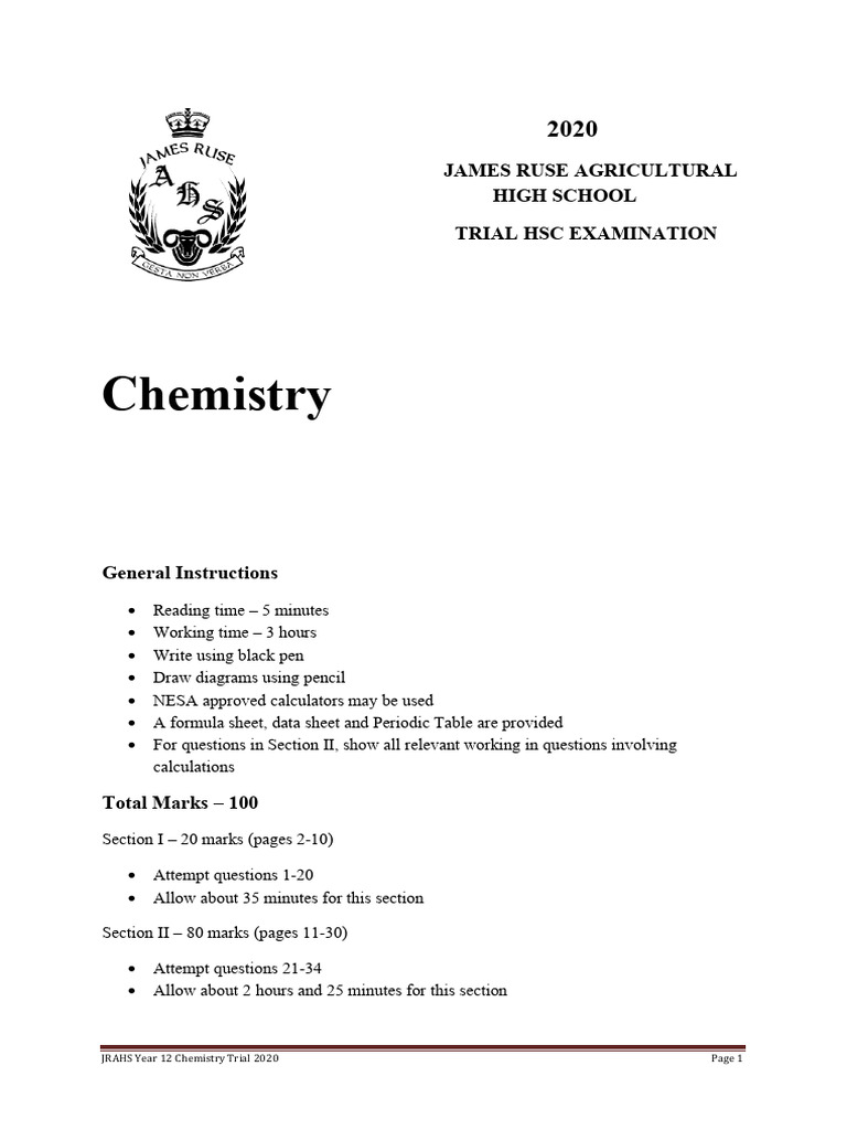 2020 James Ruse Chem Trial | PDF | Acid | Precipitation (Chemistry)