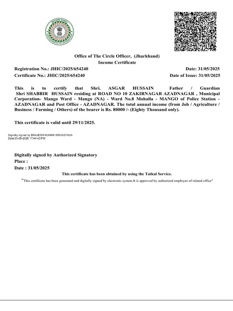 Jharkhand Tatkal Income Certificate | PDF