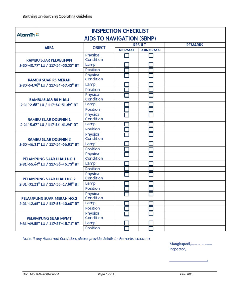 Appendix XXX Berthing Un-Brthing Operating Guideline Rev-1 Inspection Checklist Aids To ...