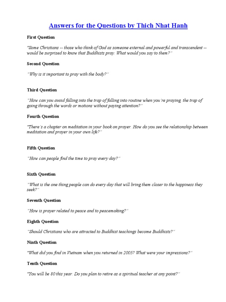Answers For The Questions by Thich Nhat Hanh | PDF | Sati (Buddhism ...