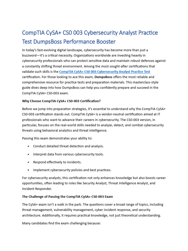 Comptia Cysa Cs0 003 Cybersecurity Analyst Practice Test Dumpsboss Performance Booster Pdf
