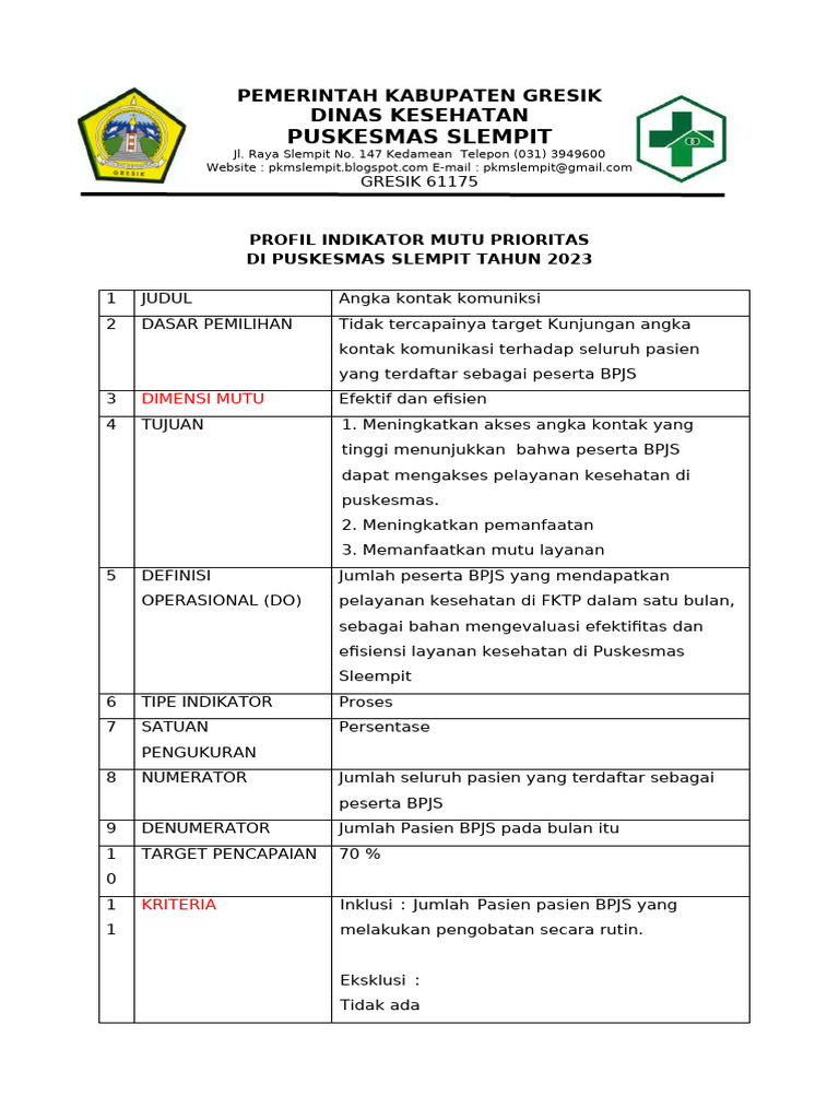 Profil Indikator Mutu Prioritas | PDF