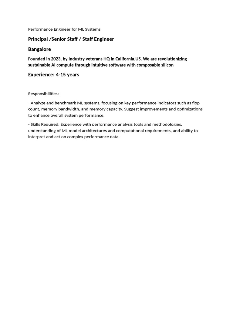 Job Description Performance Engineer ML Systems Tsavorite | PDF