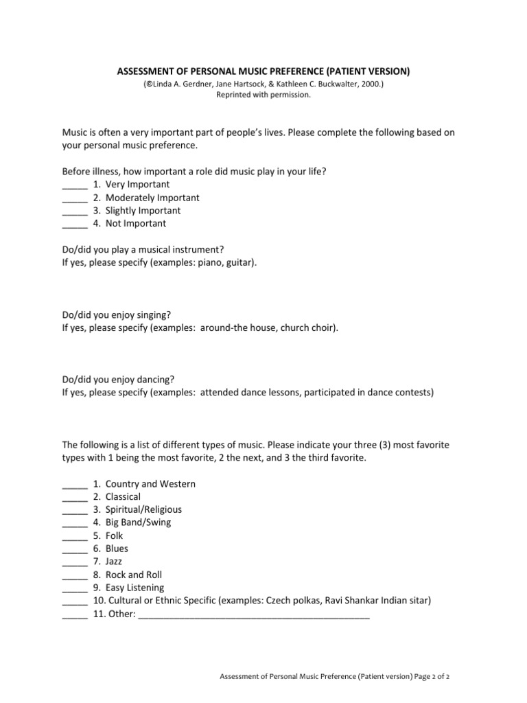 Personal Music Preference Assessment | PDF