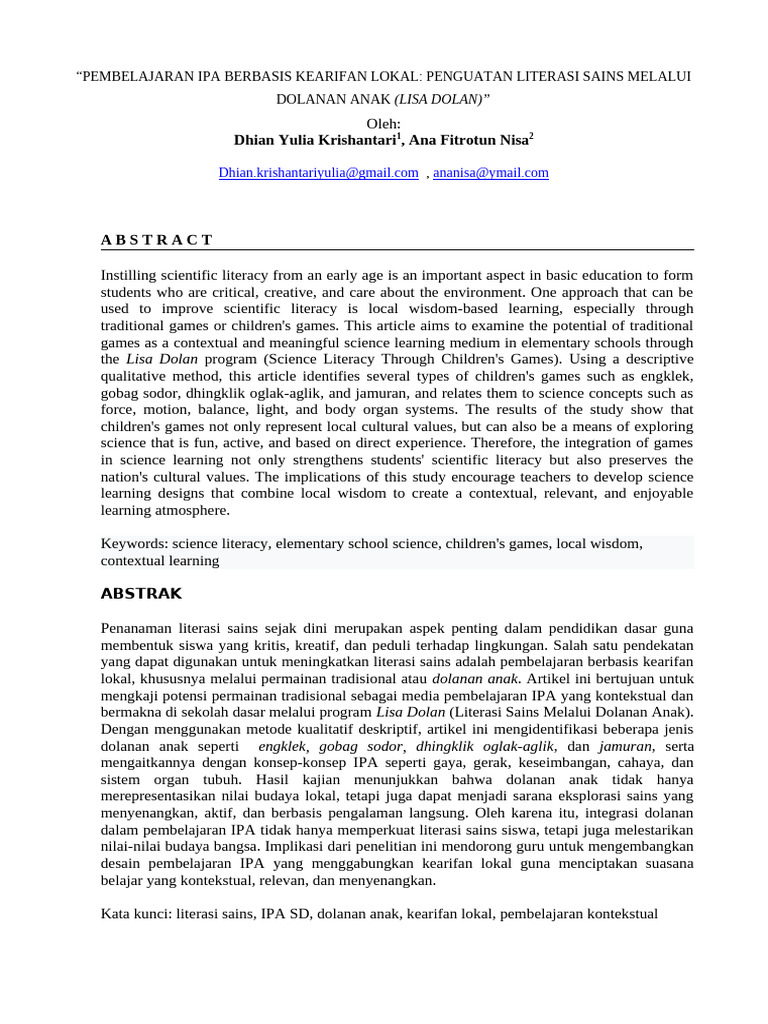 Penguatan Literasi Sains Melalui Dolanan Anak (Lisa Dolan) | PDF