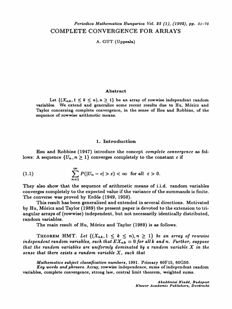Complete Convergence in Random Arrays | PDF | Mathematics | Measure Theory