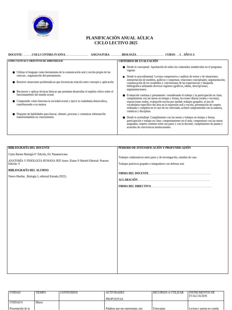 Planificación Aúlica 2025 Tercero | PDF | Adn | Sistema nervioso
