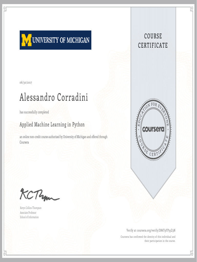 Coursera - Applied Machine Learning in Python Certificate - University of Michigan | PDF