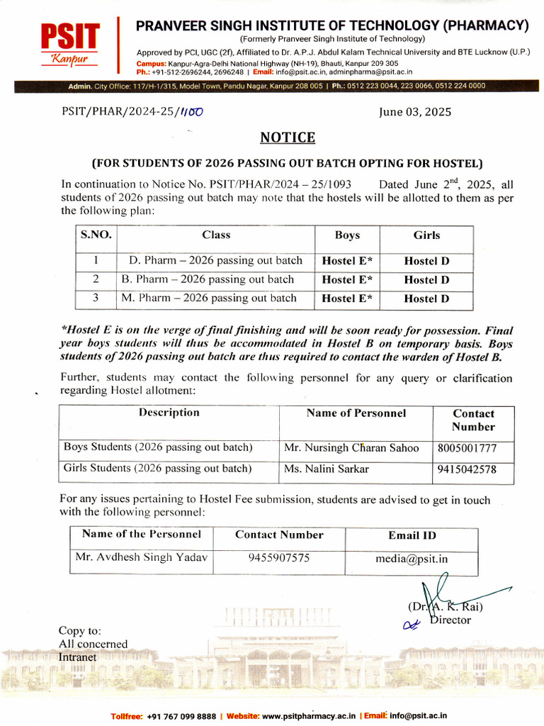 Notice for Students of 2026 Passing Out Batch Opting for Hostel-2 | PDF | Hotel Types | Backpacking