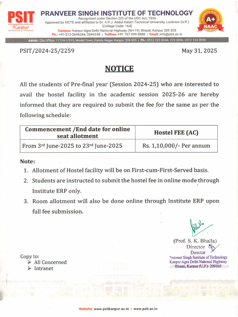 Notice For Hostel Fee For Pre-Final Year Students | PDF