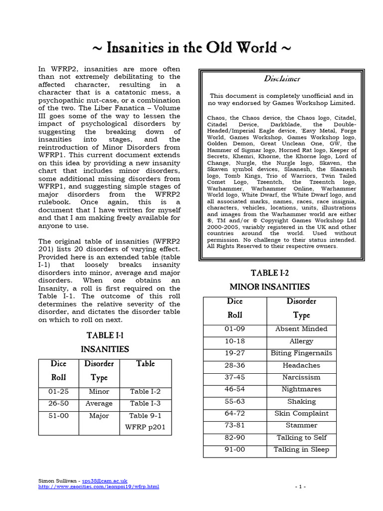 WFRP2 Insanity Chart and Disorders Guide | PDF | Agoraphobia | Phobia