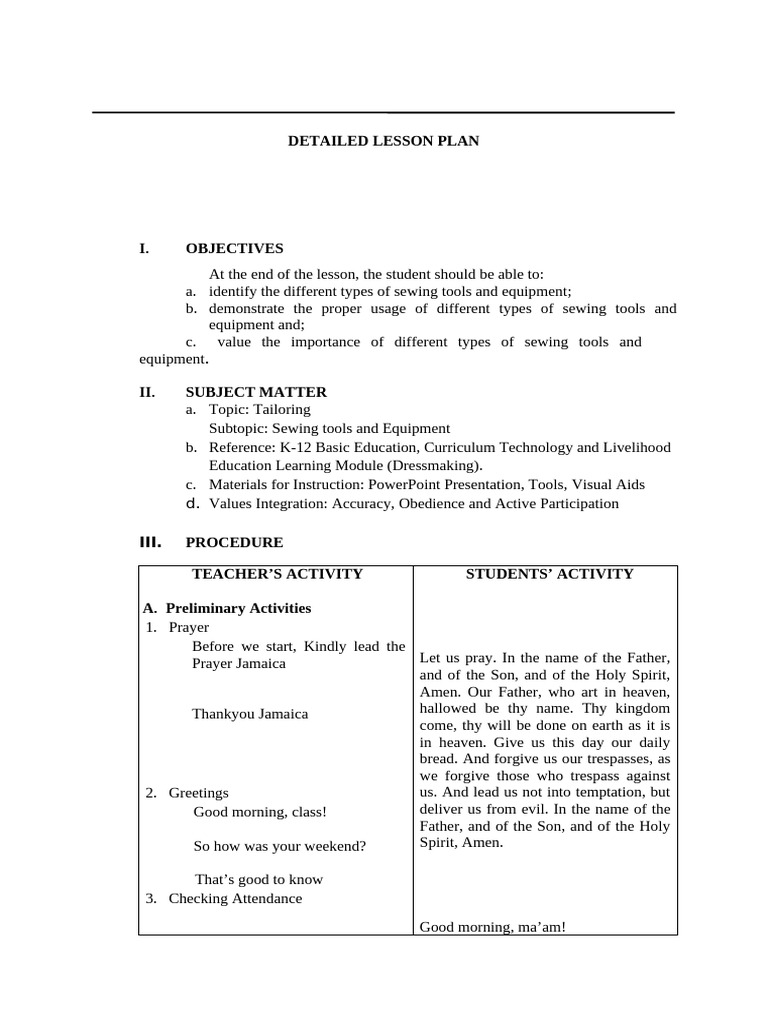Detailed Lesson Plan Tailoring 1 1 | PDF | Sewing | Seam (Sewing)