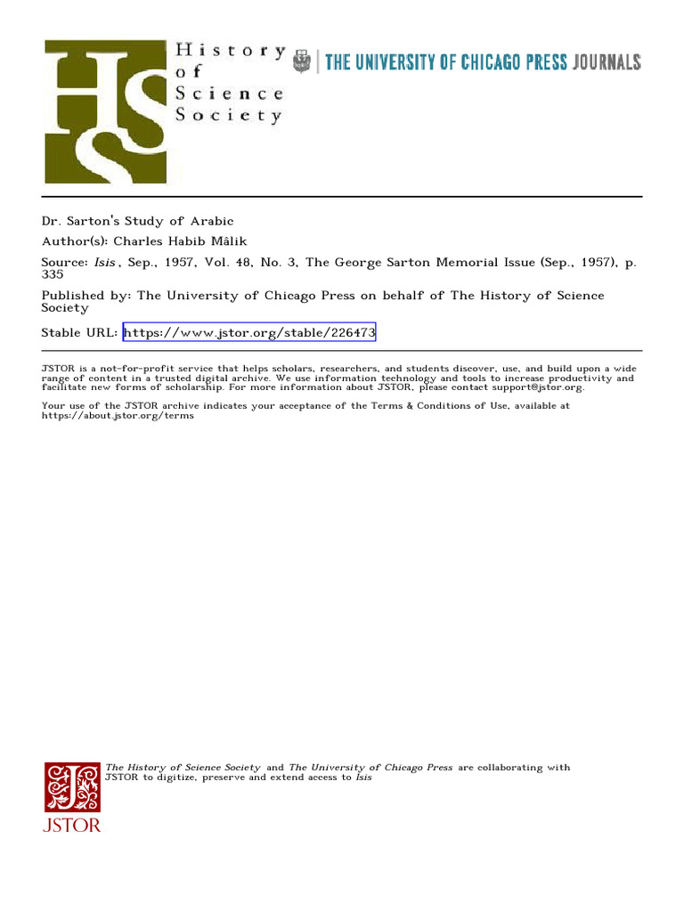 Charles Malik - Dr. Sarton's Study of Arabic | PDF
