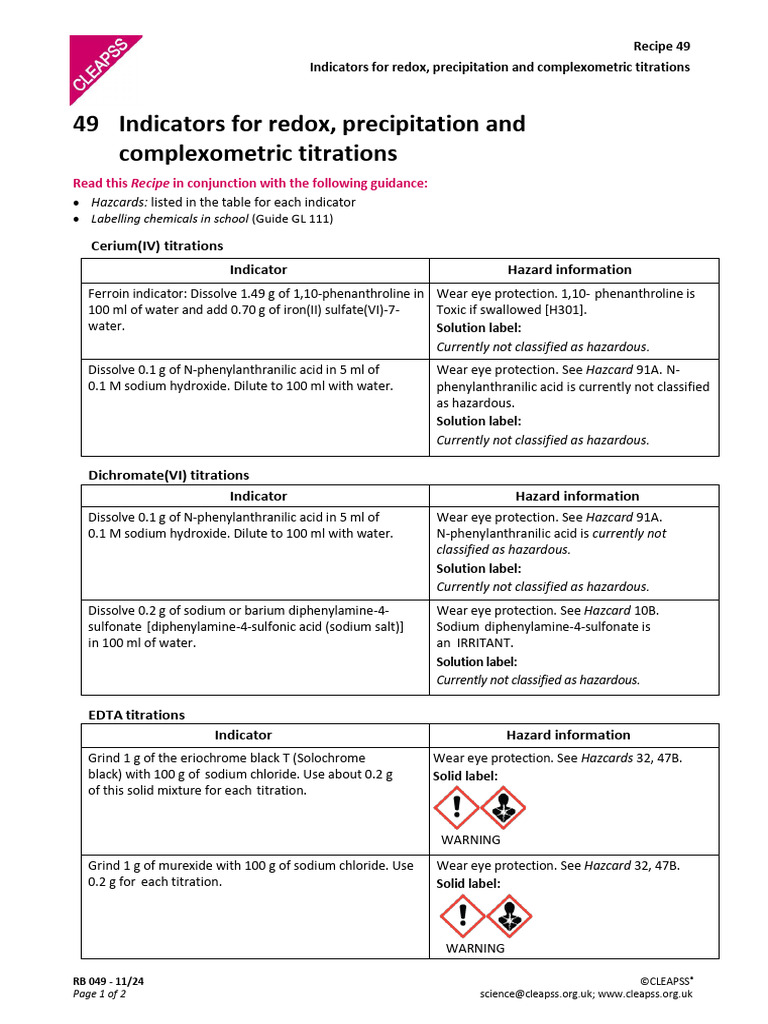 RB049 Indicators For Redox Precipitation and Complexometric Titrations ...
