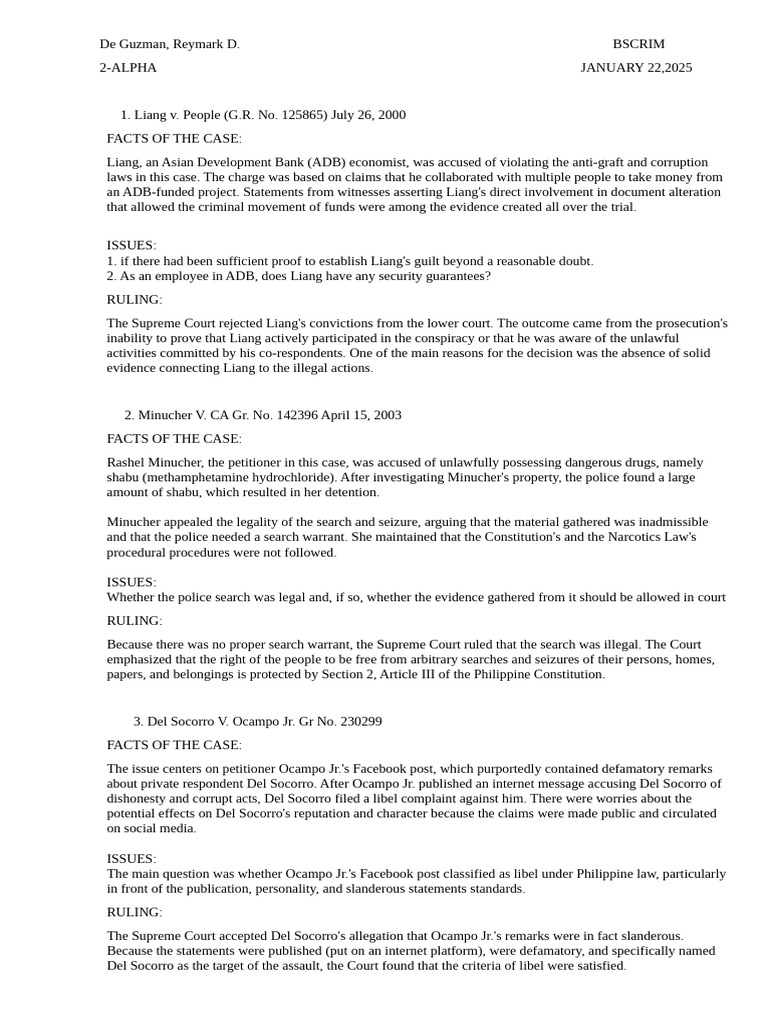 2-Alpha Case Digest of Deguzman, Reymark D. | PDF | Defamation | Evidence (Law)