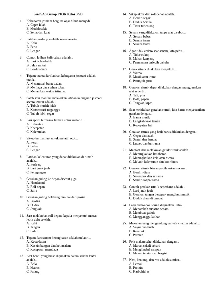 Soal Sas Genap Pjok Kelas 3 Sd | PDF