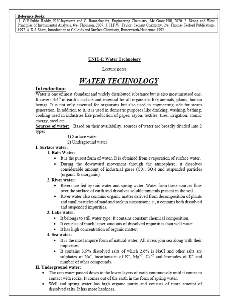 Santhosh Engineering Chemistry - Water Technology Chapter 1 | PDF | Membrane | Ion